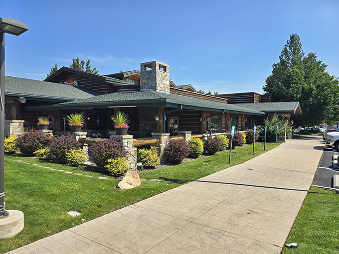 Lush landscaping frames this rustic breakfast haven, where Idaho mornings begin with promise and end with satisfied smiles.