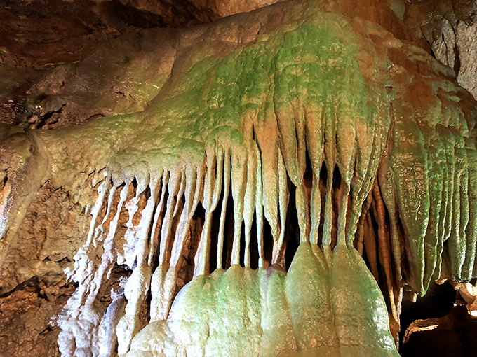 Nature's own art gallery: these delicate, mint-green stalactites hang like prehistoric wind chimes, sculpted one mineral-rich drop at a time over millennia.