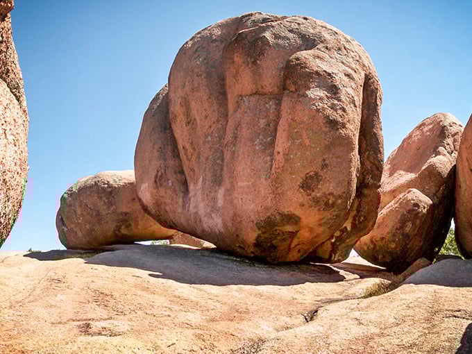 "I'm pretty sure this is where The Flintstones got their decorating ideas." Pink granite giants basking in Missouri sunshine, waiting for climbers.