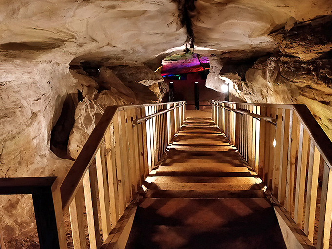 The wooden walkway beckons you deeper into Laurel Caverns, like a stairway to another world where adventure awaits around every corner.