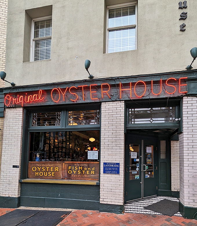 The unassuming brick facade of Pittsburgh's Original Oyster House stands proudly in Market Square, a culinary time capsule amid modern skyscrapers.
