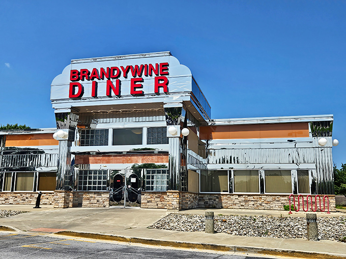 The iconic Brandywine Diner sign beckons hungry travelers like a retro lighthouse guiding ships to the shore of breakfast bliss.