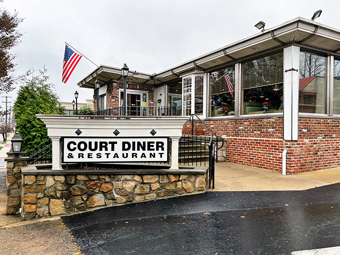The classic brick and stone exterior of Court Diner stands proudly in Media, Pennsylvania, where breakfast dreams come true and calories don't count.
