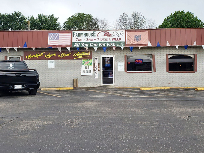 The unassuming exterior of Farm House Cafe stands as proof that culinary treasures often hide in plain sight. That "All You Can Eat Fish" sign is practically daring you to test its limits.