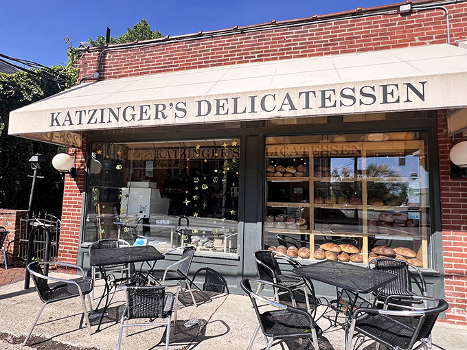 The classic brick exterior of Katzinger's beckons like an old friend, promising delicious memories under that iconic white awning. Sandwich paradise awaits!