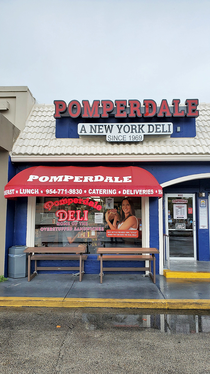 The iconic red awning of Pomperdale stands out like a beacon of hope for the sandwich-deprived. Home of overstuffed sandwiches indeed!