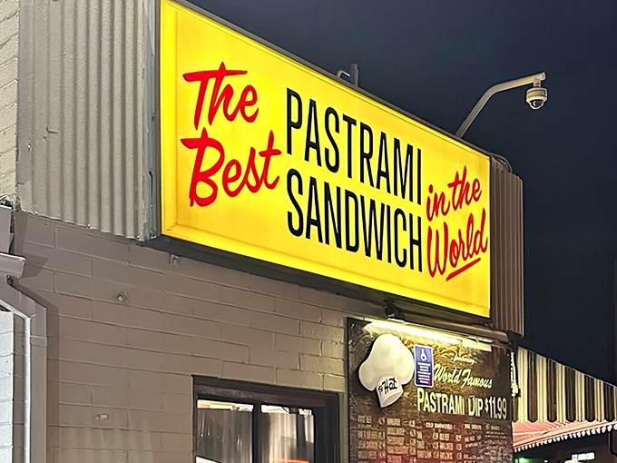 The bold yellow sign makes no modest claims - "The Best PASTRAMI SANDWICH in the World." In California, fighting words that The Hat backs up deliciously.