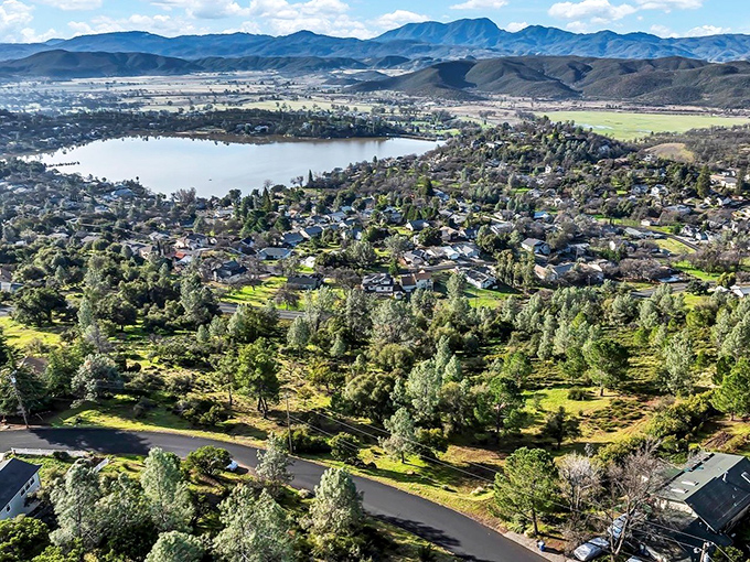A bird's-eye view that makes you wonder if Bob Ross painted this landscape himself&mdash;nature's masterpiece of blue water embraced by California's rolling hills.