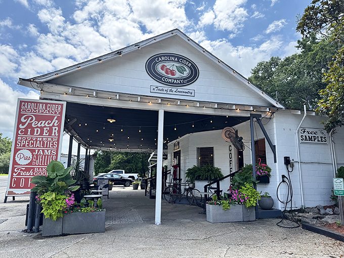 A taste of Lowcountry heaven awaits under this welcoming porch, where string lights twinkle above and vibrant planters frame an entrance that practically whispers, "Y'all come on in."