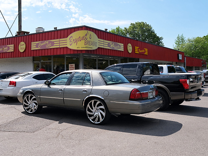 Bryant's bright red exterior on Summer Avenue beckons hungry Memphians, with cars outside and customers waiting since 1968.