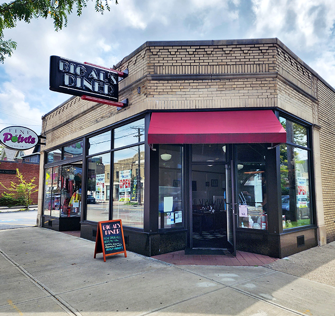 The classic brick exterior with that iconic red awning isn't trying to impress anyone—it's saving all its energy for what matters: the food inside.