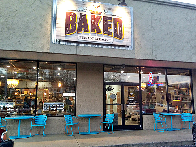 The rustic charm of Baked Pie Company's storefront beckons like a siren song to dessert lovers. This unassuming exterior hides a wonderland of pastry perfection.