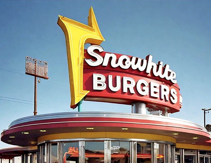 When neon meets nostalgia: The Sno-White sign glows like a beacon for hungry travelers, promising comfort food that's stood the test of time.
