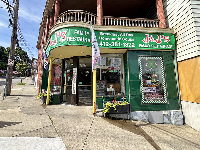 J & J's green exterior stands out in the neighborhood, hiding culinary treasures within. A true local fixture that&rsquo;s weathered decades of change.