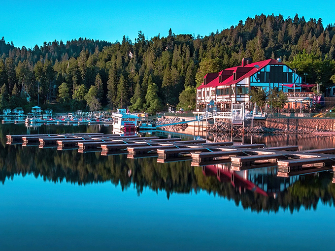 Mirror, mirror on the lake! Lake Arrowhead's glassy waters create perfect reflections of the village's distinctive architecture and surrounding pines.