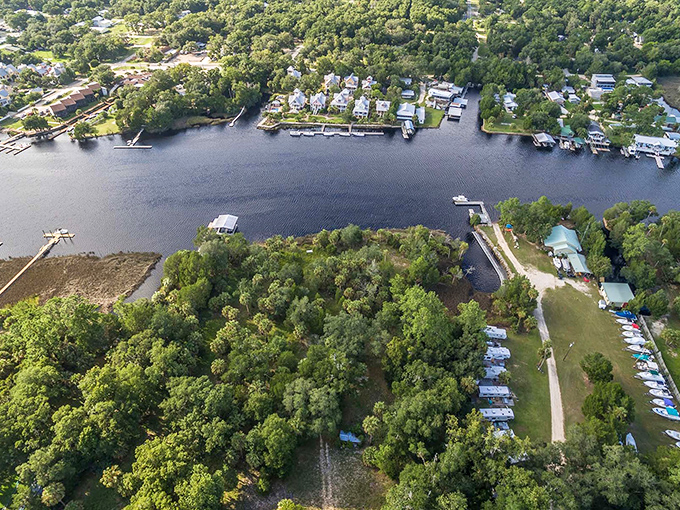 Aerial view of Steinhatchee's winding river, where nature and community blend seamlessly. The perfect escape from Florida's tourist crowds.