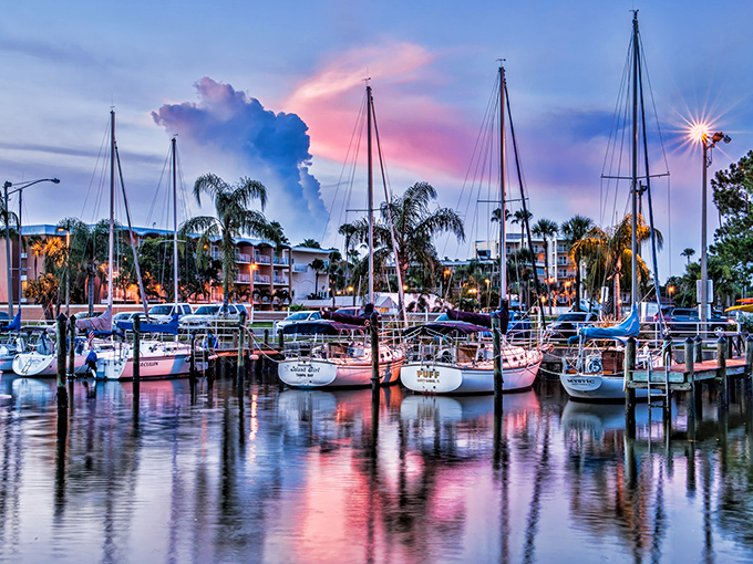 Sailboats dance in the harbor at dusk, their reflections painting the water with strokes of pink and purple. A Florida postcard moment come to life.
