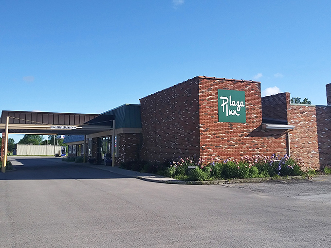 The unassuming brick exterior of Plaza Inn hides culinary treasures within, like finding a diamond in Ohio's heartland.