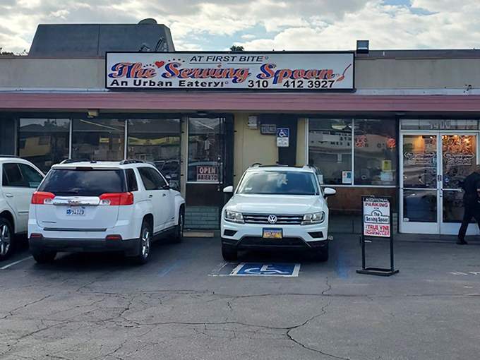 The unassuming storefront of The Serving Spoon belies the culinary treasures within. Like finding a diamond in a strip mall setting.