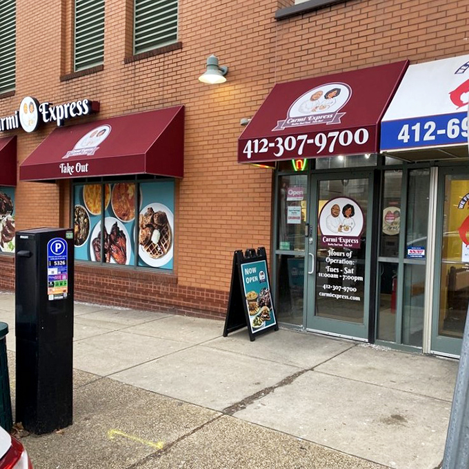 Another angle of Carmi's storefront reveals the welcoming entrance, where hungry pilgrims begin their journey to Southern comfort food nirvana.