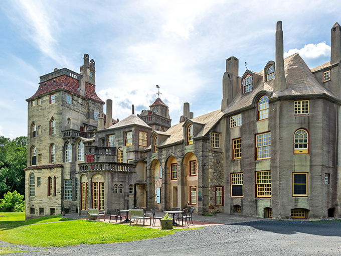 Fonthill Castle stands like a medieval fever dream in suburban Pennsylvania, its concrete towers and red-tiled roofs defying architectural convention with magnificent audacity.