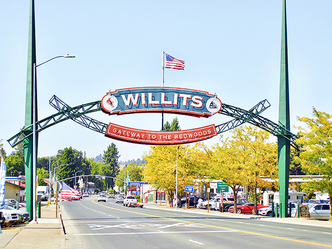 The iconic "Gateway to the Redwoods" arch welcomes visitors to Willits with small-town charm that feels like stepping into a Norman Rockwell painting come to life.