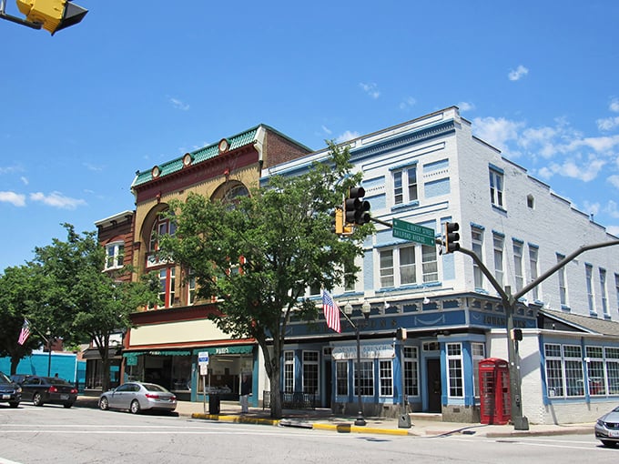 Westminster's historic downtown shines under blue skies, where brick facades and classic architecture create a postcard-perfect Main Street that's actually worth visiting.