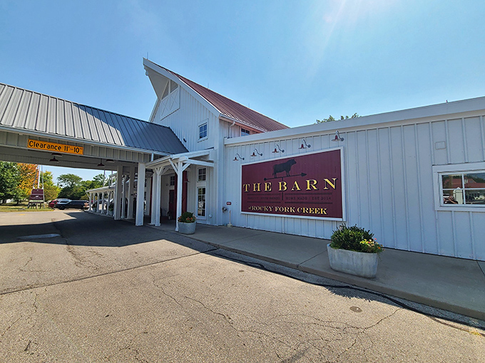 The white barn exterior with its bold red sign isn't just country chic&mdash;it's a siren call to carnivores everywhere. Clearance height included for those arriving by giraffe.