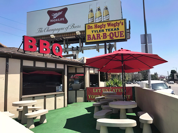 Where Miller High Life meets high-quality BBQ. The red umbrella isn't just for shade&mdash;it's a beacon for hungry souls seeking Texas-style salvation.