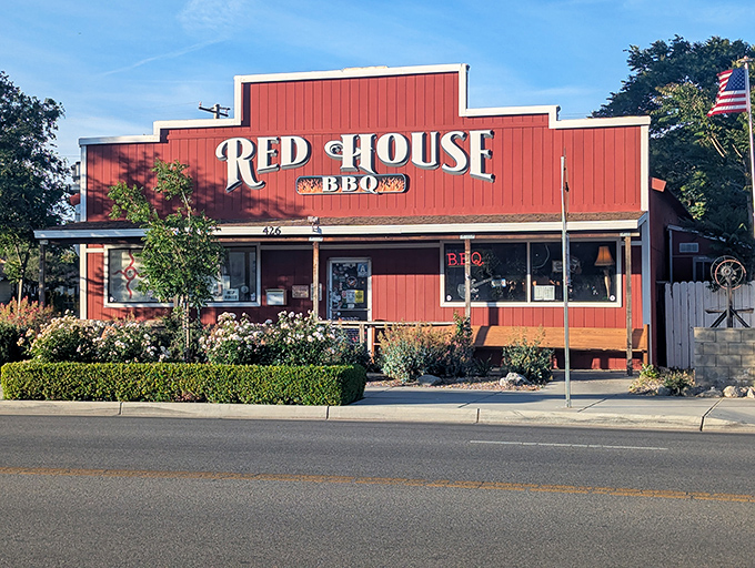 The bright red exterior of Red House BBQ stands out like a beacon of hope for hungry travelers on Tehachapi's main drag. BBQ salvation awaits!
