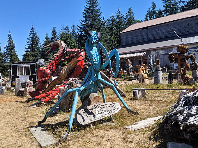 The welcoming committee at Something Awesome features a vibrant blue mantis and fiery red dragon—nature's most unlikely roommates.