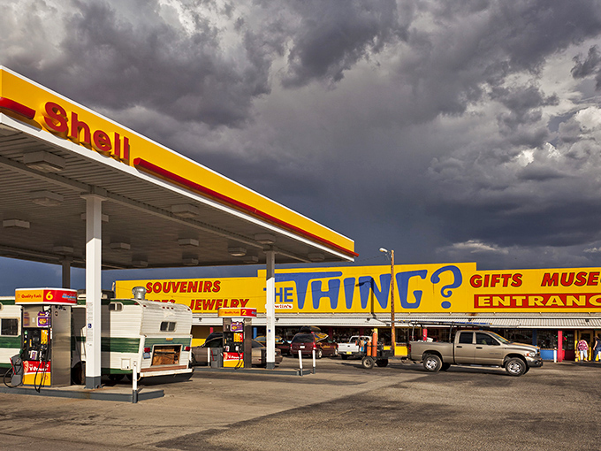The iconic yellow banner beckons road-weary travelers like a desert mirage. "THE THING?" it shouts, as if the building itself can't believe what lurks inside.