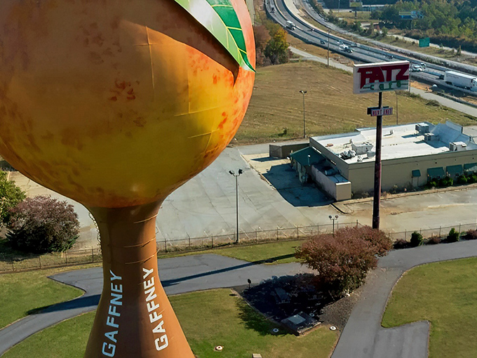 Morning light bathes the Peachoid in golden hues, showcasing its perfect peach complexion against Carolina's brilliant blue sky.