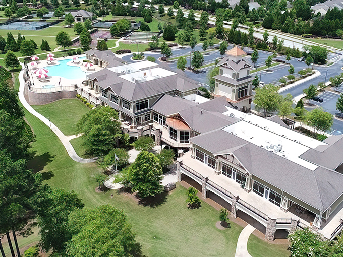 An aerial paradise where retirement dreams take flight. Sun City Peachtree's meticulously planned landscape offers recreation without reservation&mdash;just look at those tennis and pickleball courts!