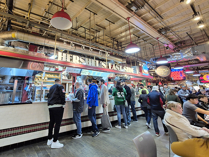 The gleaming counter at Hershel's East Side Deli beckons like a beacon of authentic Jewish comfort food.