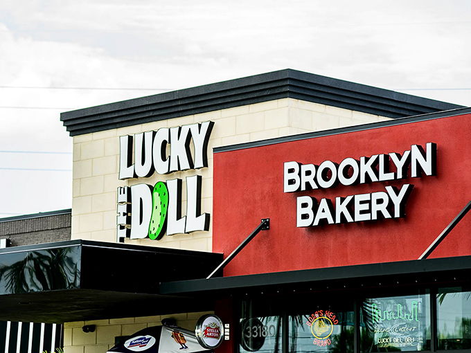 The iconic Lucky Dill storefront stands proud in Palm Harbor, bringing a genuine slice of Brooklyn to Florida's sunny shores.