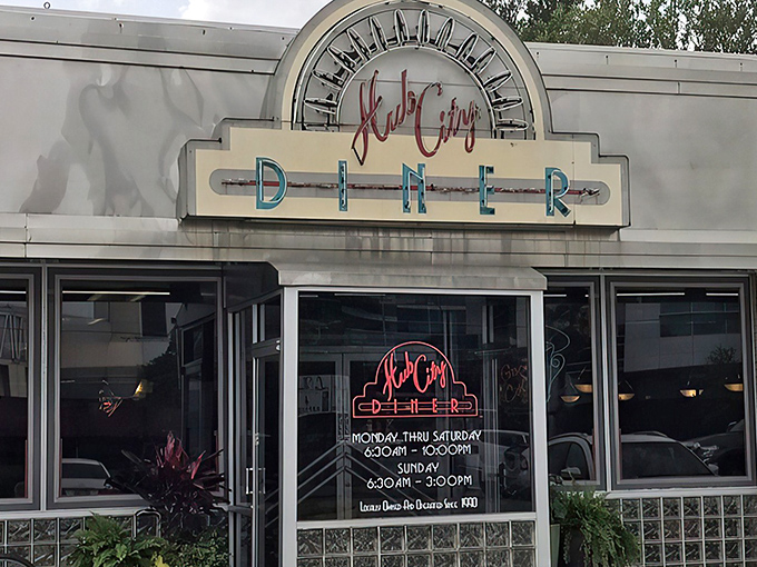The retro neon signage of Hub City Diner glows with promise, a beacon of comfort food in Lafayette that's been satisfying hungry patrons for generations.