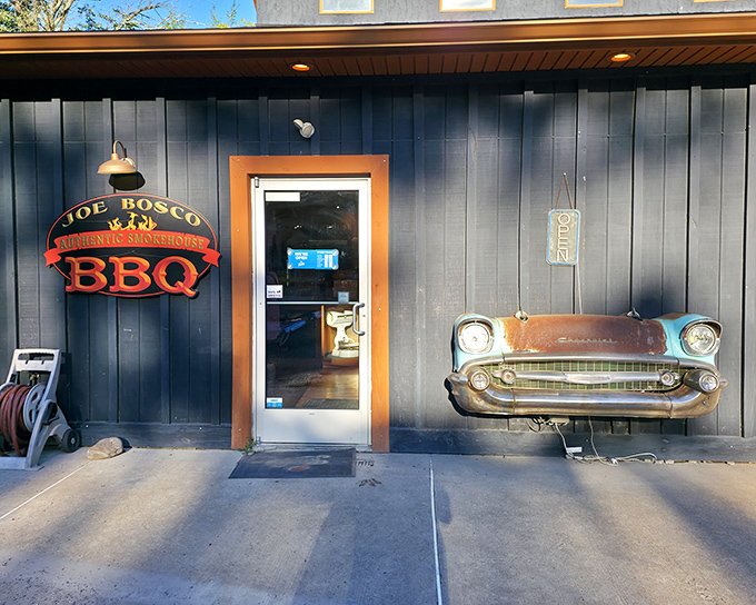 The front entrance with its vintage car grille mounted on the wall announces you've arrived somewhere special. BBQ paradise hides behind that unassuming blue exterior.