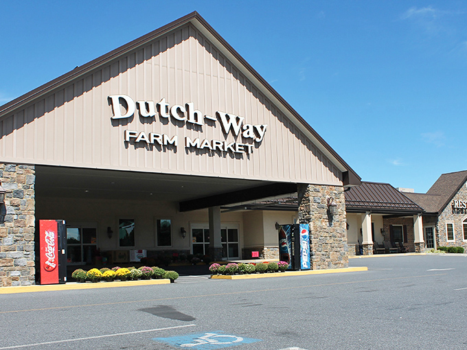 Stone and cream siding meet like old friends at Dutch-Way, where the Farm Market promises treasures beyond the restaurant doors.
