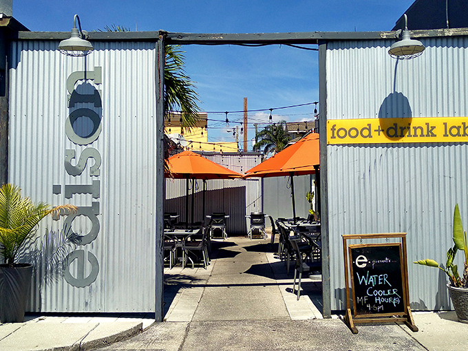 The industrial-chic entrance to Edison: Food + Drink Lab promises culinary adventures behind those corrugated metal walls. Science never tasted so good!