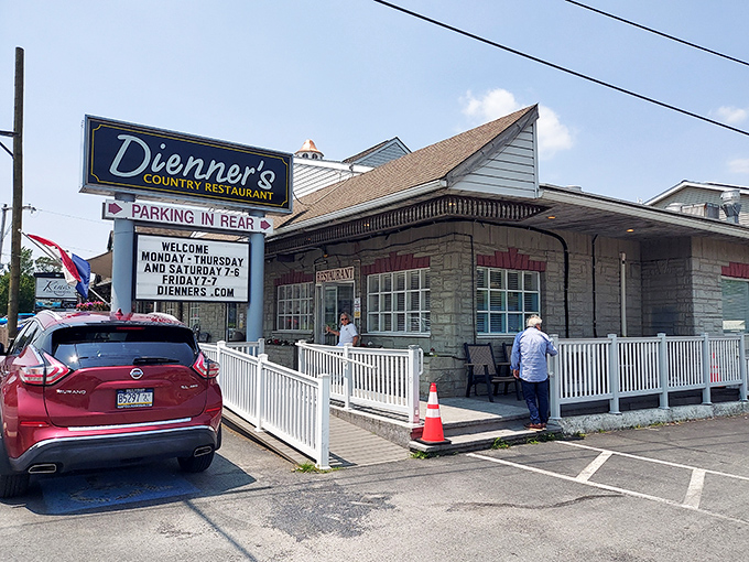 The unassuming exterior of Dienner's is like finding a secret food club where the password is "hungry" and everyone gets in.