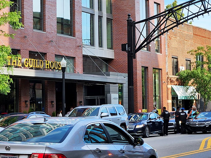 The golden letters of The Guild House shine like a culinary beacon in Columbus's Short North district, promising extraordinary flavors behind that brick fa&ccedil;ade.