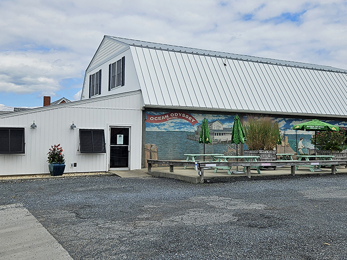 A wider view reveals the restaurant's outdoor seating area, where turquoise picnic tables invite diners to enjoy Maryland's finest seafood under open skies.