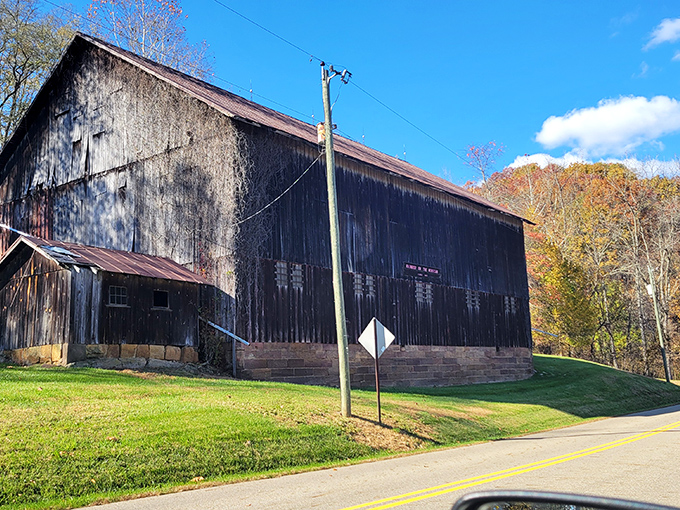The Spellacy Covered Bridge stands proudly against Ohio's blue sky, like a wooden time machine connecting past and present travelers through Mohican Country.