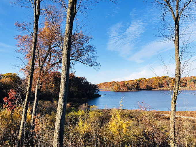 Nature's own masterpiece – fall foliage frames Punderson Lake like a painting that makes even Bob Ross whisper, "Now that's a happy little tree."