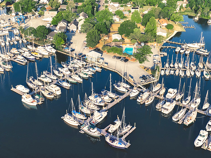 Sailboats rest quietly in the harbor, their masts rising like a forest of sails against the calm waters of this charming waterfront village.