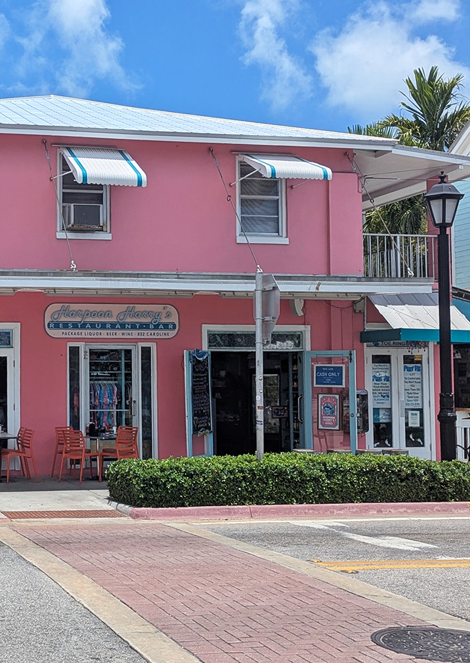 The flamingo-pink facade of Harpoon Harry's stands out even in colorful Key West, like a beacon calling hungry travelers to breakfast paradise.