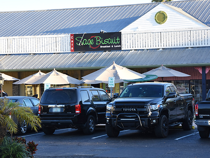 The unassuming exterior of Sage Biscuit Cafe hides culinary treasures within. Like finding a winning lottery ticket in your winter coat pocket.