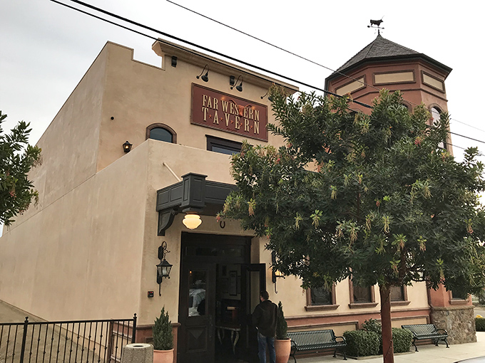 The Far Western Tavern stands proudly in Orcutt, its distinctive turret and Spanish-influenced architecture promising culinary adventures within. A California landmark that means business.