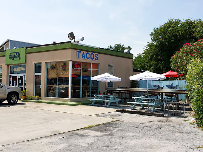 The unassuming exterior of Mojo's Tacos with its bright green trim promises flavor adventures that far exceed its modest appearance.